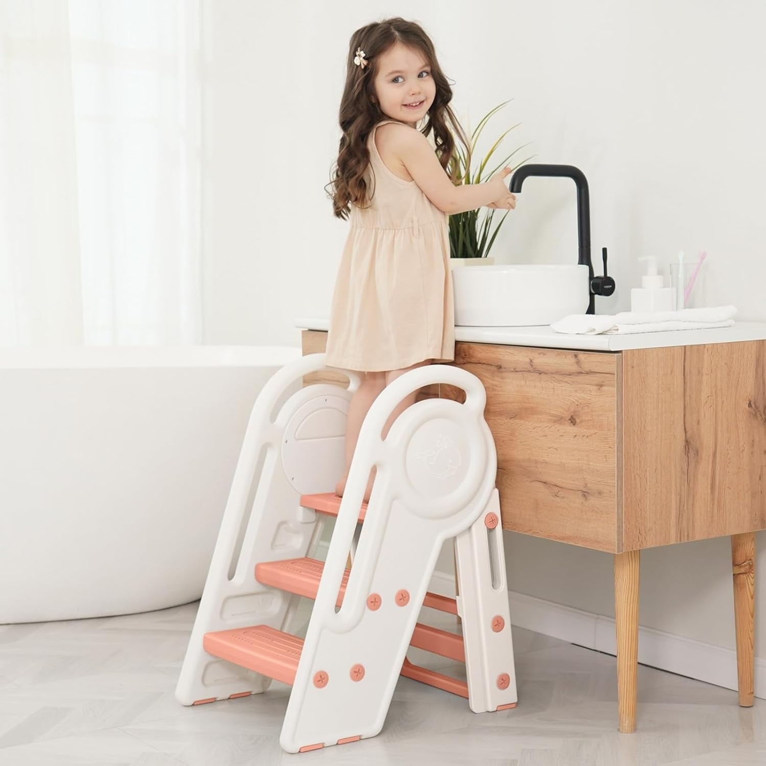 Pink 3 Step Stool for Toddlers Girls, Foldable 2 Step Stool for Kids ...