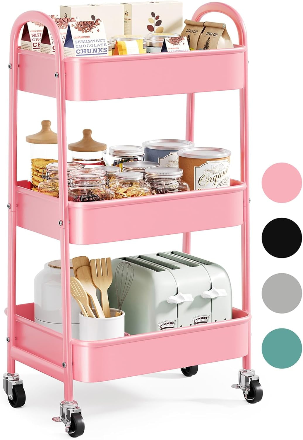 Pink 3 Tier Rolling Cart Metal, Three Tiered Craft Cart with Wheels ...