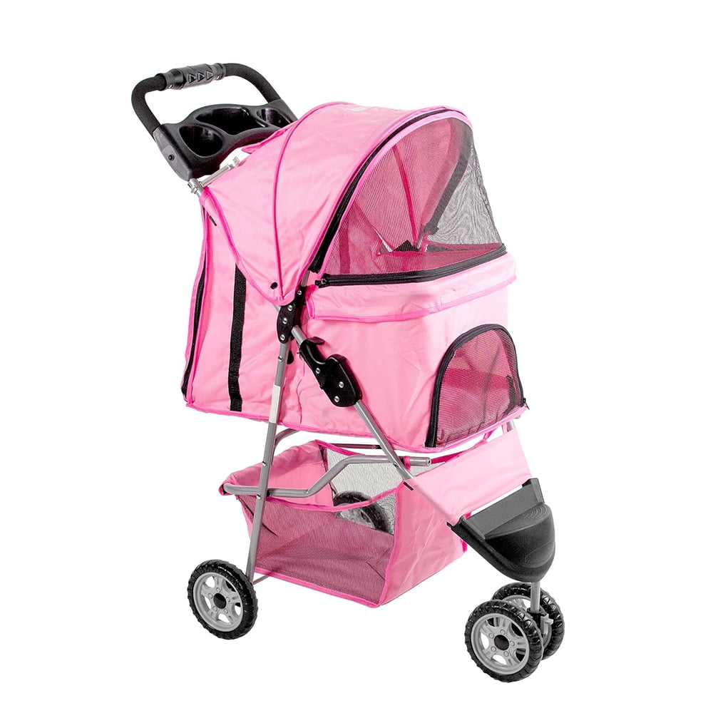 Pink 3 Wheel Pet Stroller for Cat, Dog and More, Foldable Carrier ...