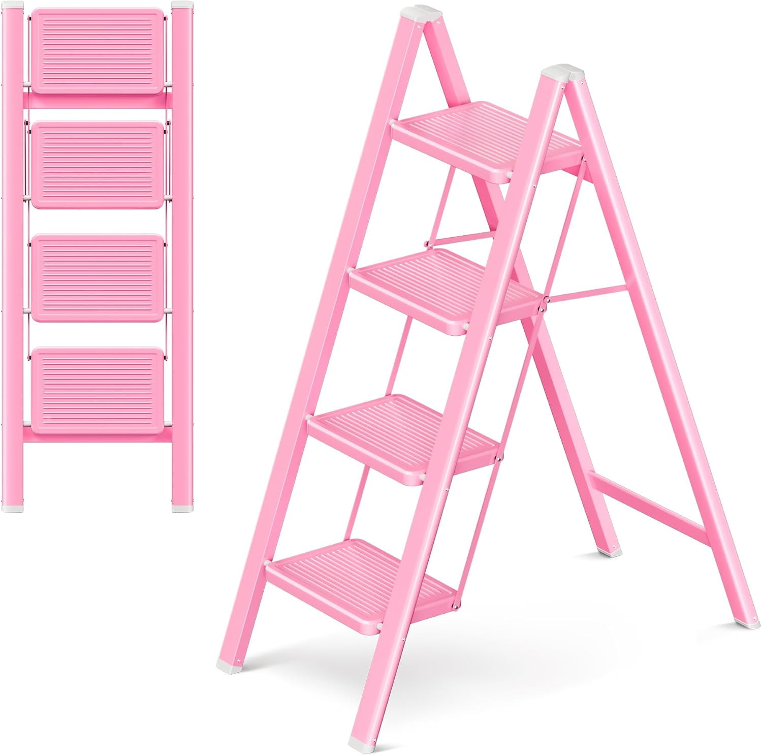 Pink 4 Step Ladder, Sturdy Foldable Ladder, Integrated 7.9Inch Wide ...
