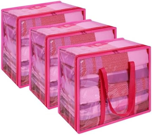 Pink 40L Clear Clothes Storage Bag with Zipper 3 Pack Colorful Clothes ...