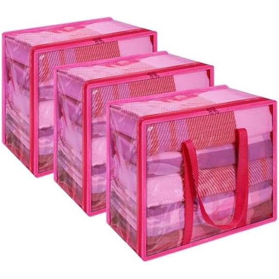 Pink 40L Clear Clothes Storage Bag with Zipper 3 Pack Colorful Clothes ...