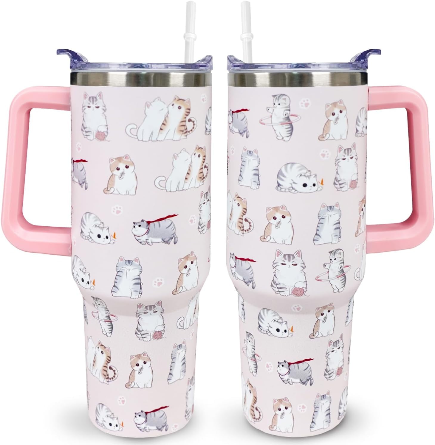 Pink 40oz Cat Tumblers Double Wall Cat Travel Mug Tumbler with Lid and ...