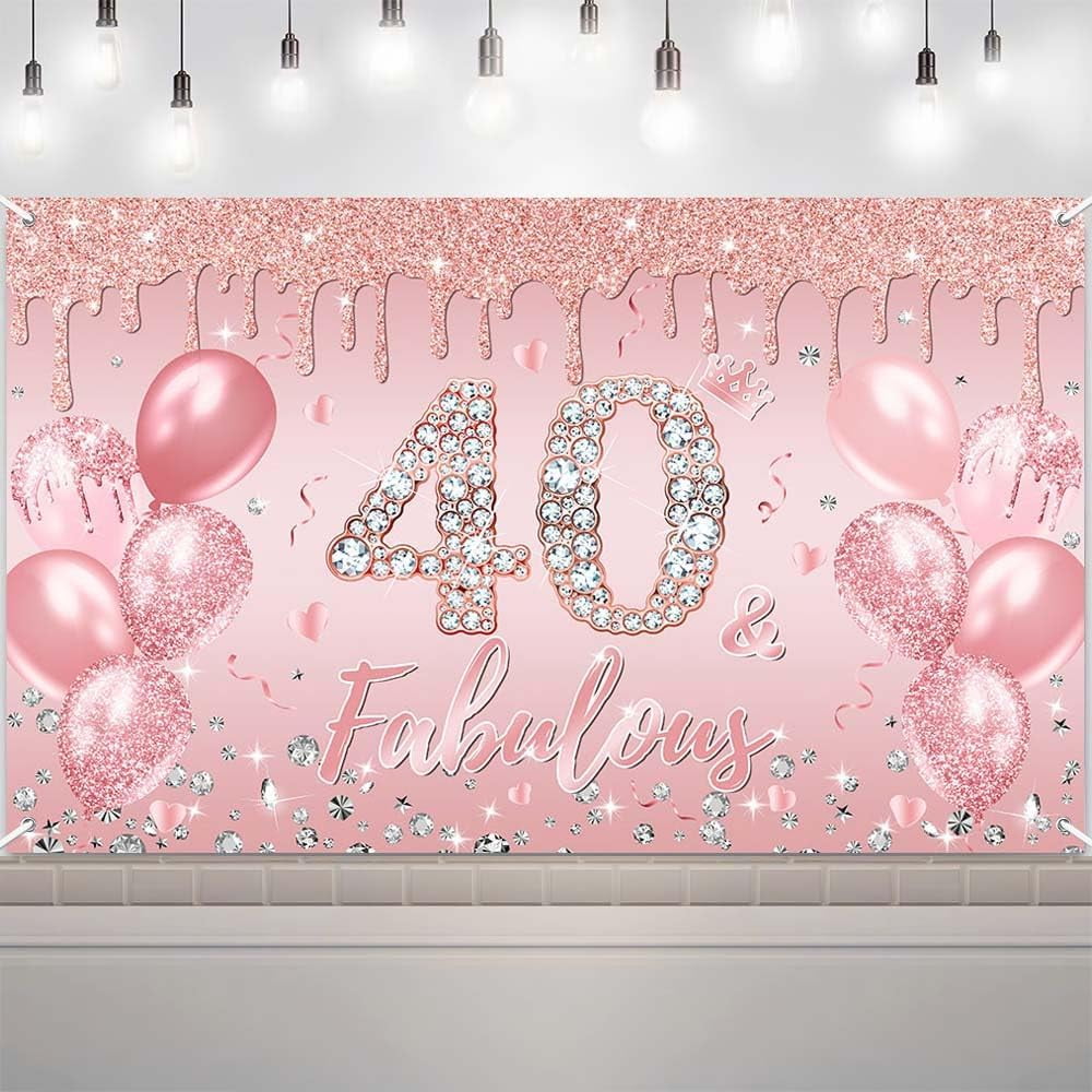 Pink 40th Birthday Backdrop Rose Gold 40 & Fabulous Birthday Banner ...