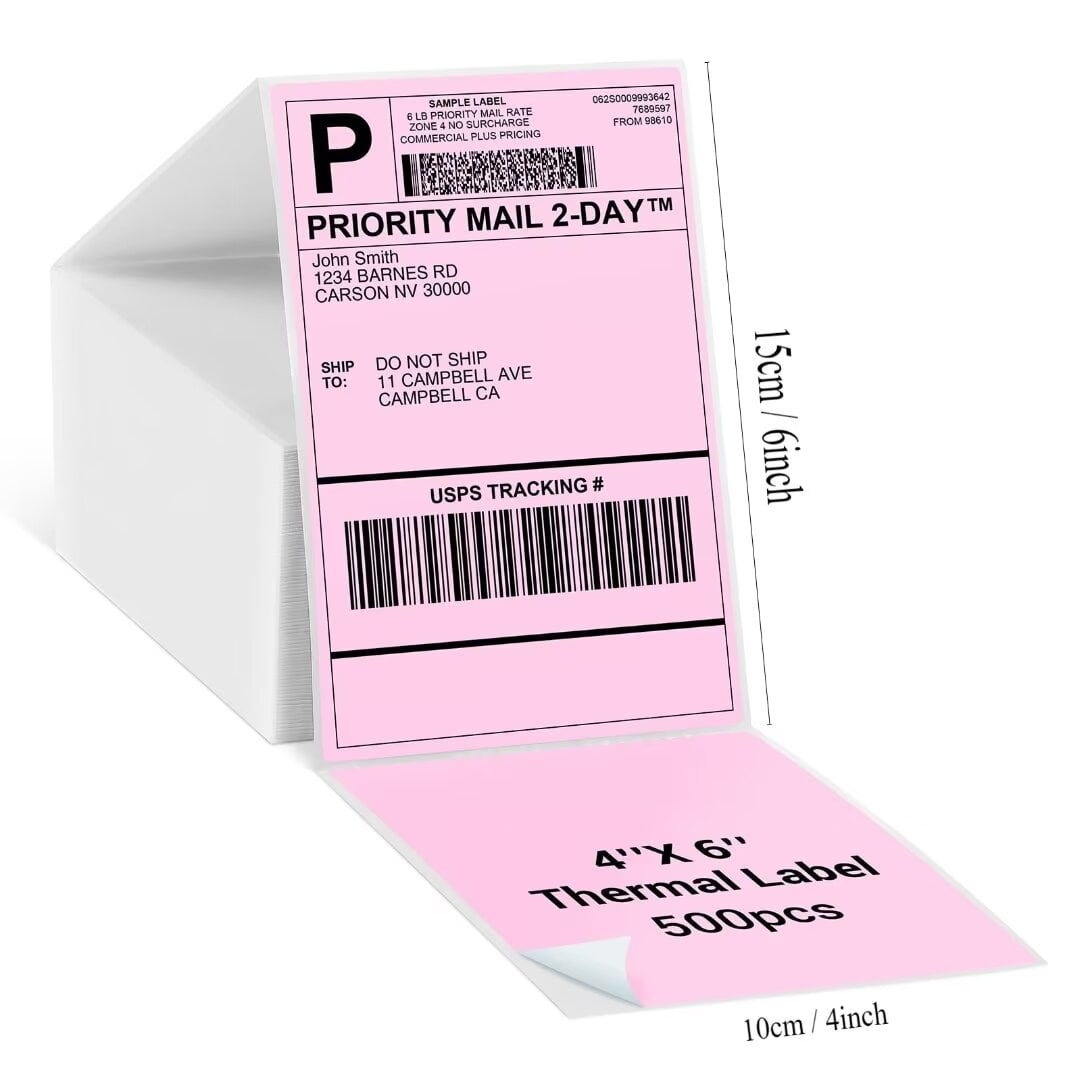 Pink 4x6 Inch Direct Thermal Labels, 500 Labels/Stacks, Fanfold Shipping Label Paper for Thermal ...