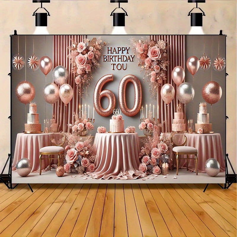 Pink 60th Happy Birthday Party Backdrop Rose Gold Balloons Floral 60th ...