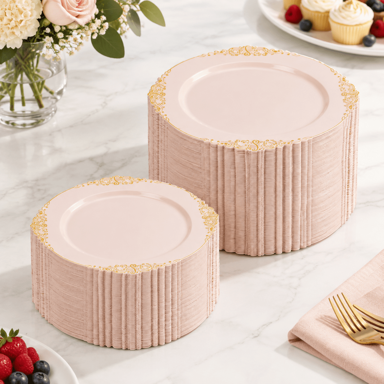 Pink 7.25 inch/10 inch Disposable Plastic Party Plates Set for Weddings ...