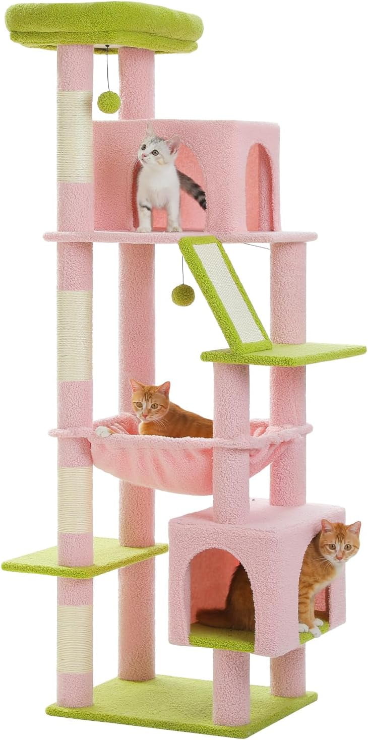 Pink 71" Tall Cat Tree for Large Cat 20 lbs with Super Large Hammock ...
