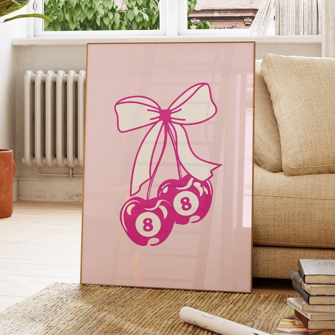 Pink 8 Ball Cherry Bow Poster, Hand Illustrated Bow Wall Art Prints ...