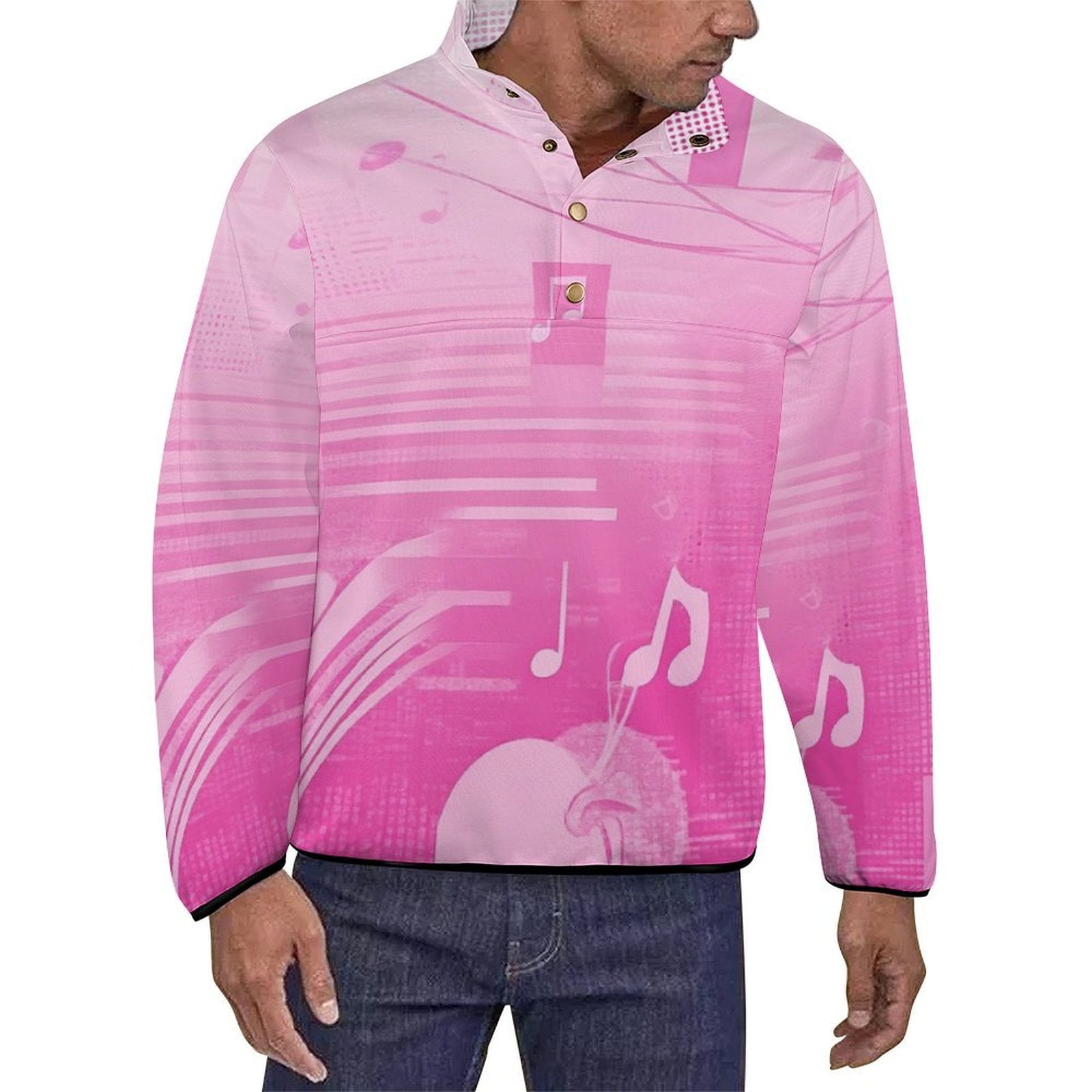 Pink Abstract Music Notes Pattern Men's Stand Collar Sweater Long ...