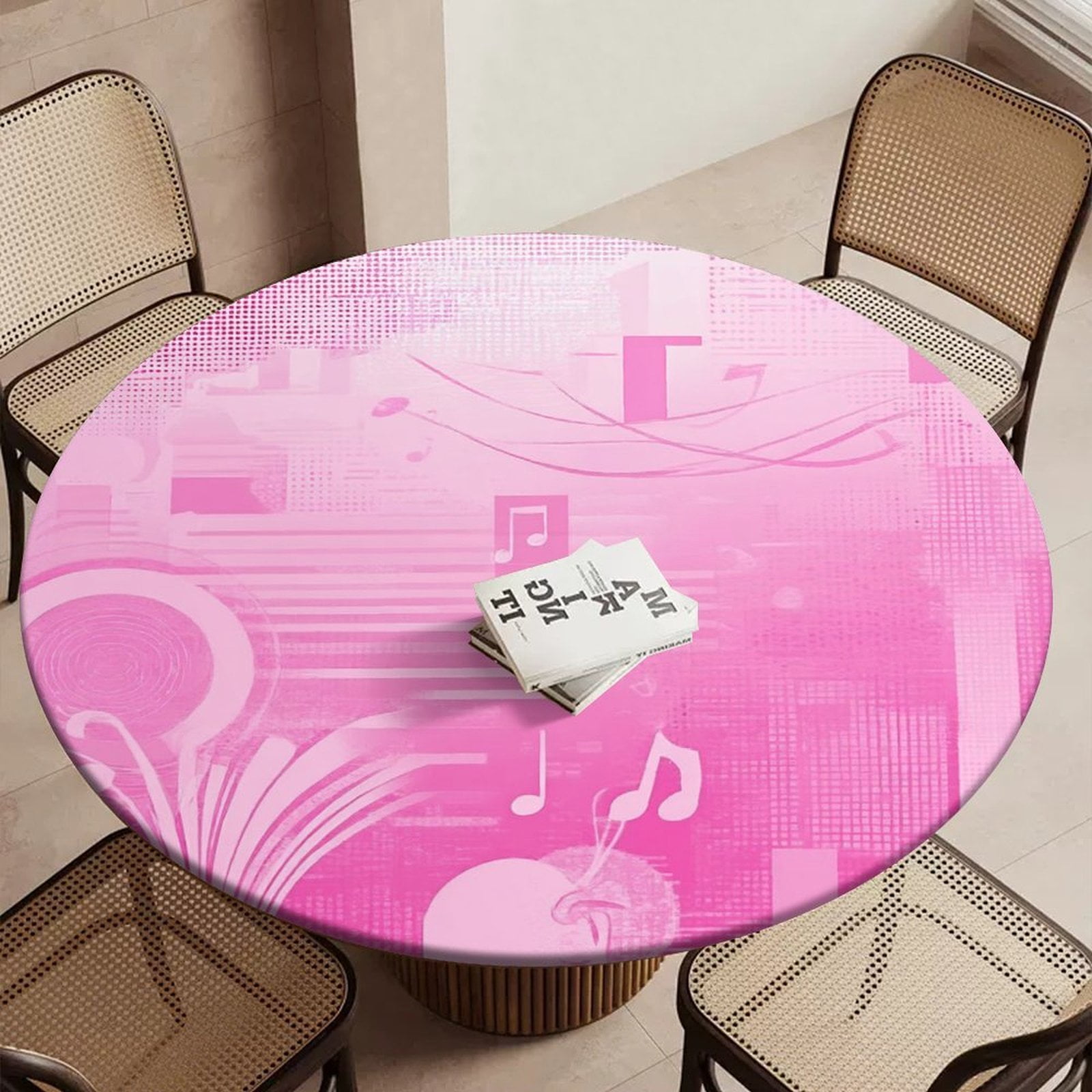 Pink Abstract Music Notes Pattern Round Table Cover Kitchen Printed ...