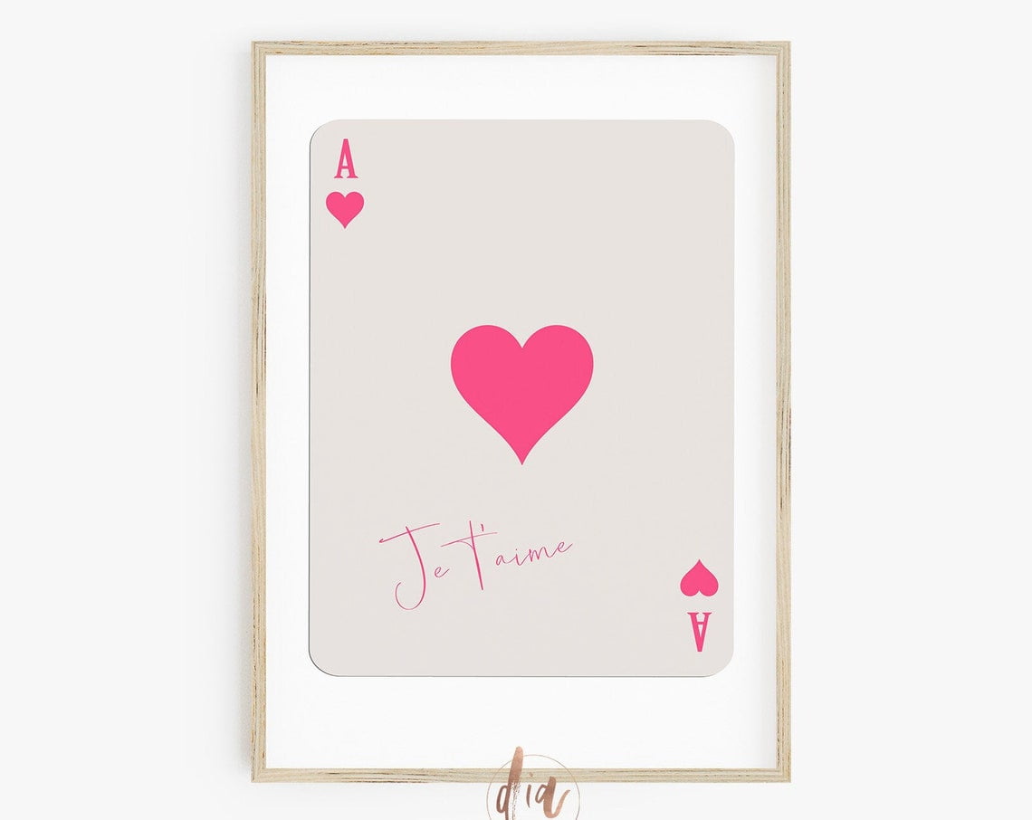 Pink Ace Of Hearts Playing Card Poster, Je Taime Wall Art Print, Retro ...