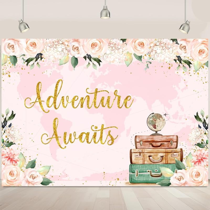 Pink Adventure Awaits Backdrop World Map Adventure Awaits Party ...
