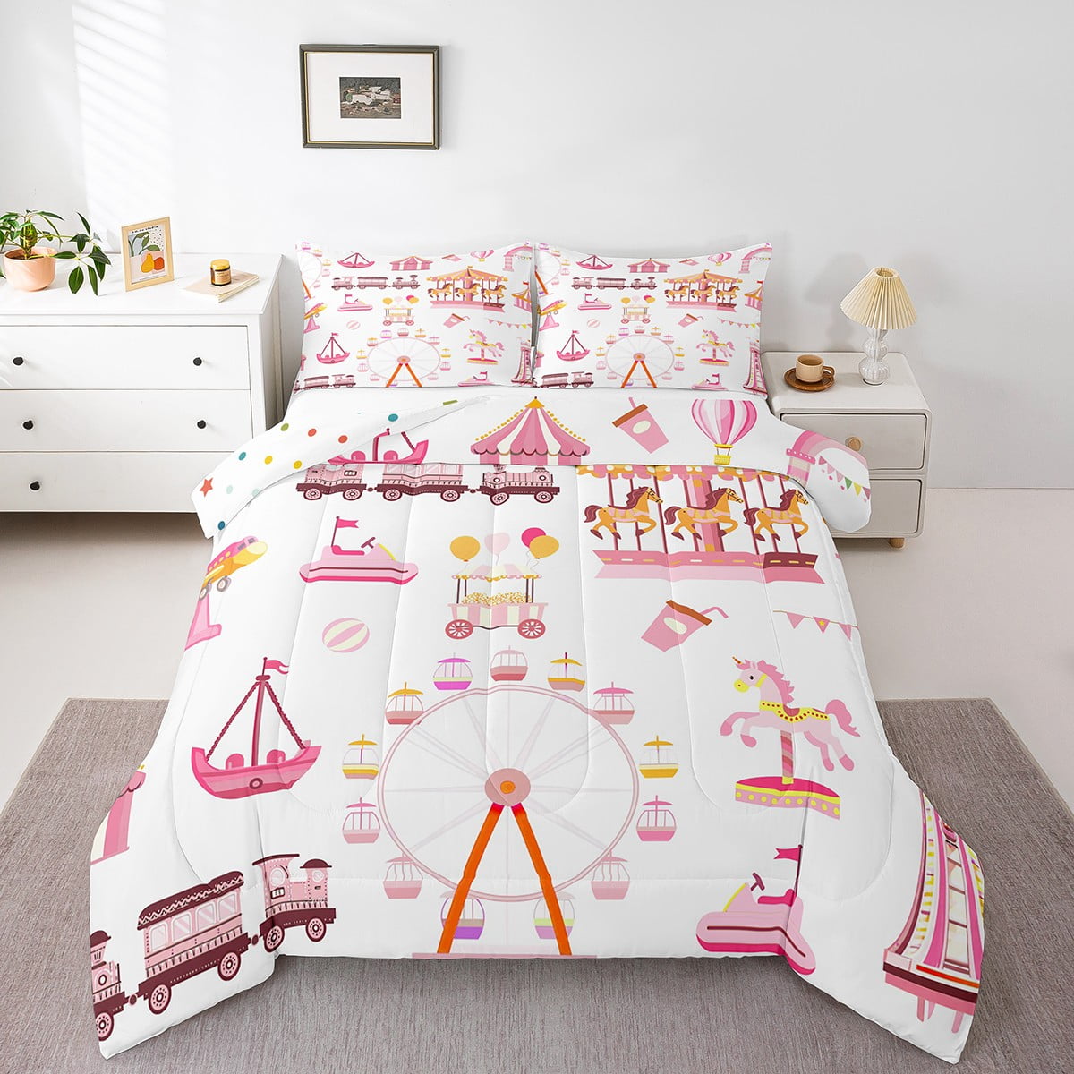 Pink Amusement Park Bedding Set Twin Size Cartoon Train Ferris Wheel ...
