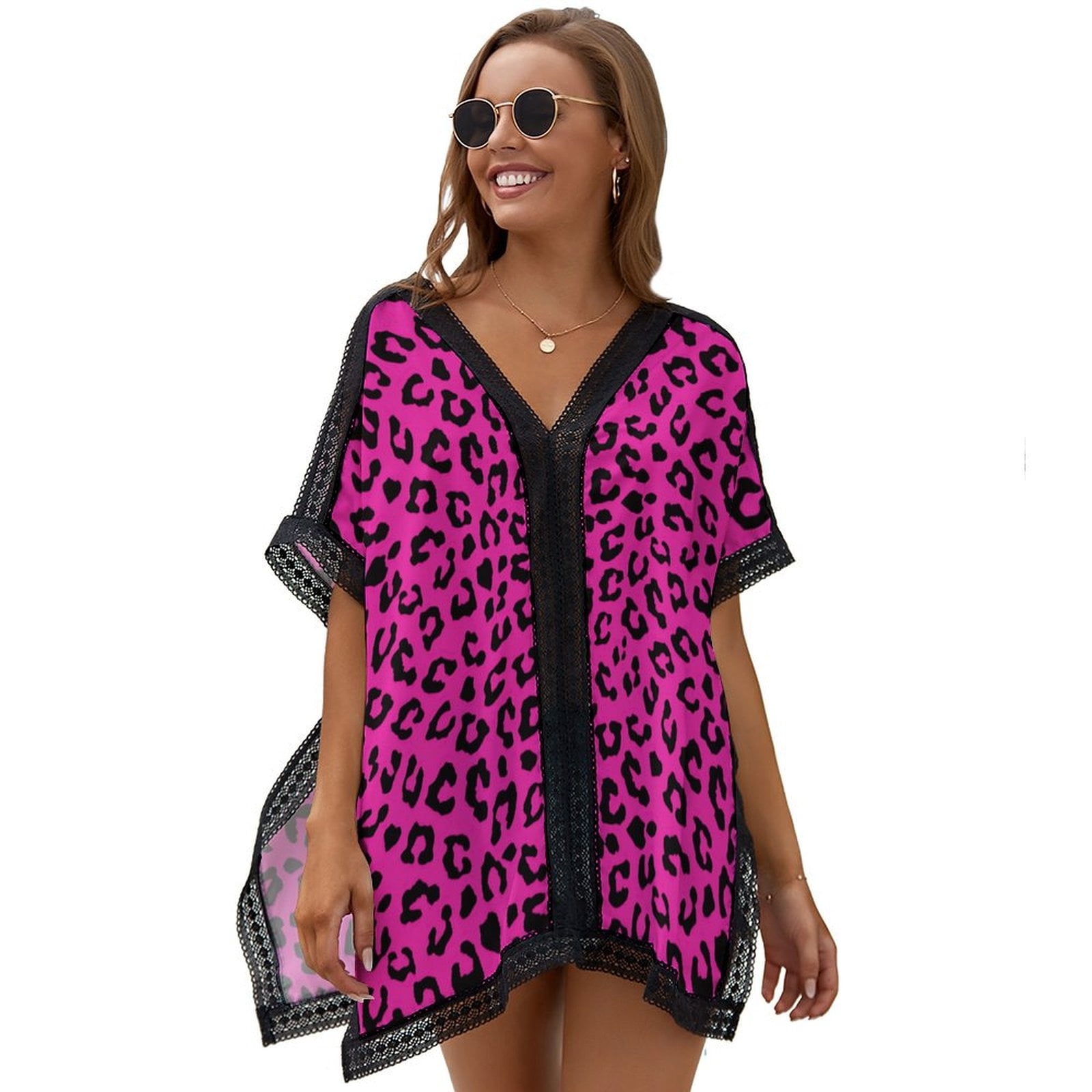 Pink And Black Bold Leopard Print Womens Beach Cover Up Oversized Lace ...