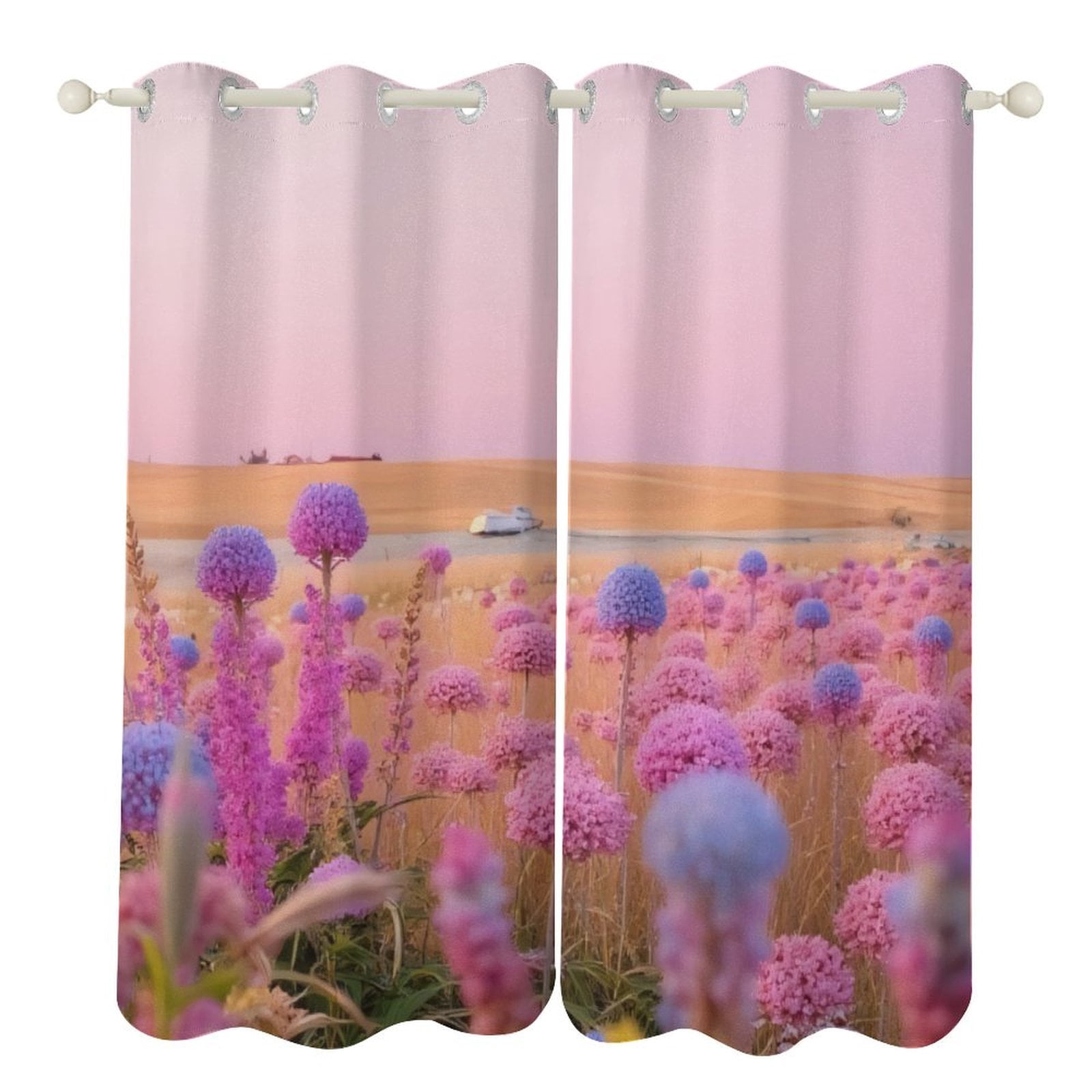 Pink And Blue Flower Field at Sunset 2 Panels Curtains for Bedroom ...