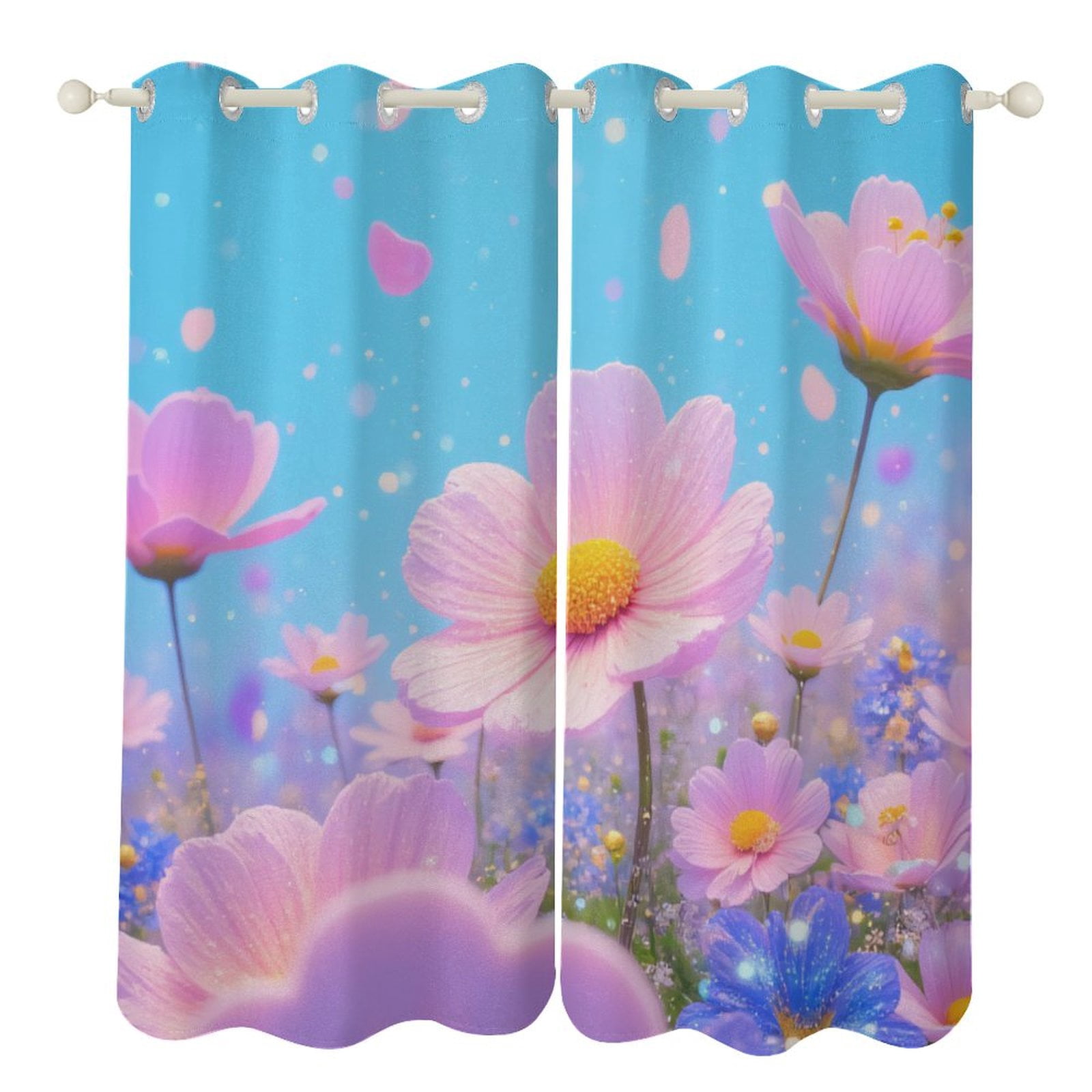Pink And Blue Flowers in Bloom 2 Panels Curtains for Bedroom Living ...