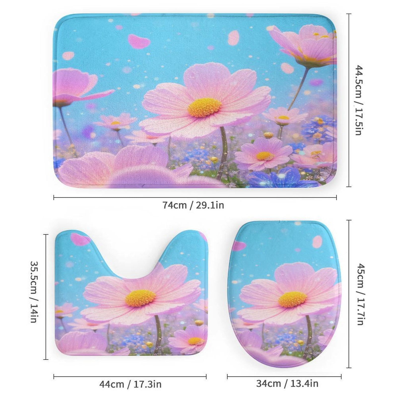 Pink And Blue Flowers in Bloom Bathroom Mats Sets 3 Piece, Bath Mat ...