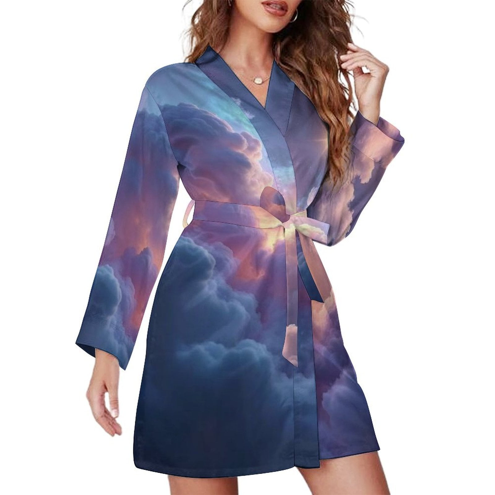 Pink And Blue Galaxy Sky Night Robe Long Sleeve V Neck Robe With Belt ...