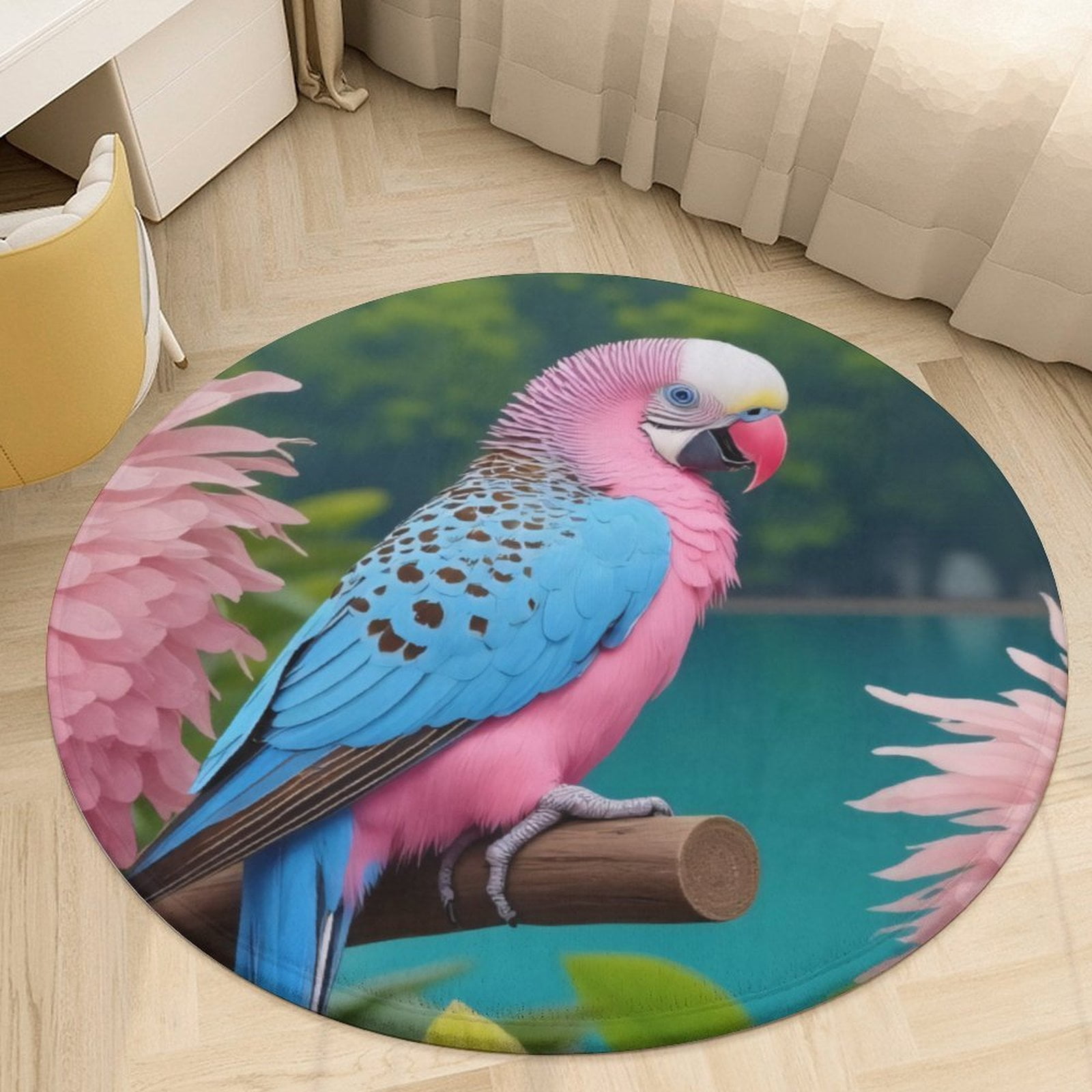 Pink And Blue Parrot in Tropical Setting Round Area Rugs for Bedroom ...