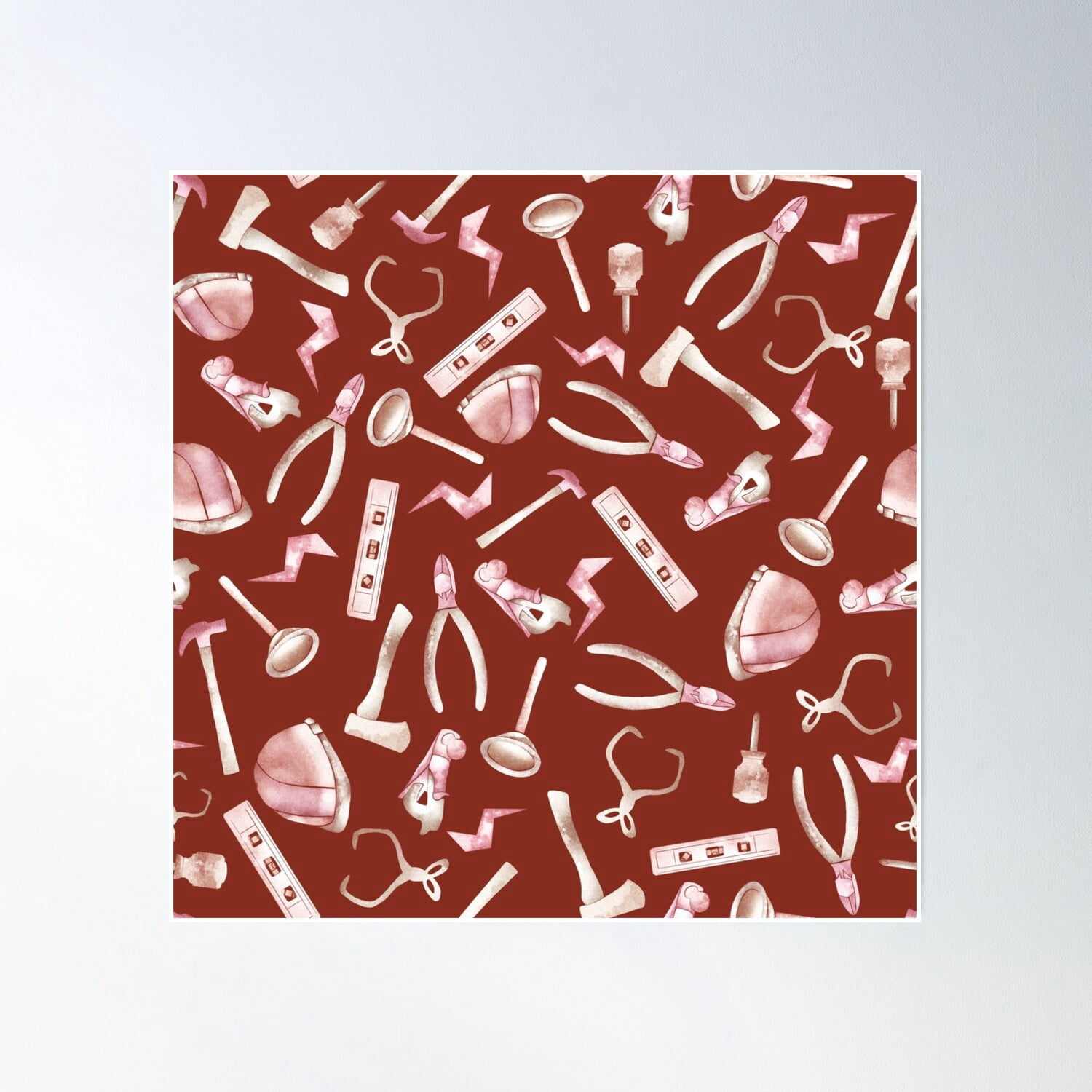 Pink And Red Watercolor Tradesman Construction Tools Pattern Poster ...