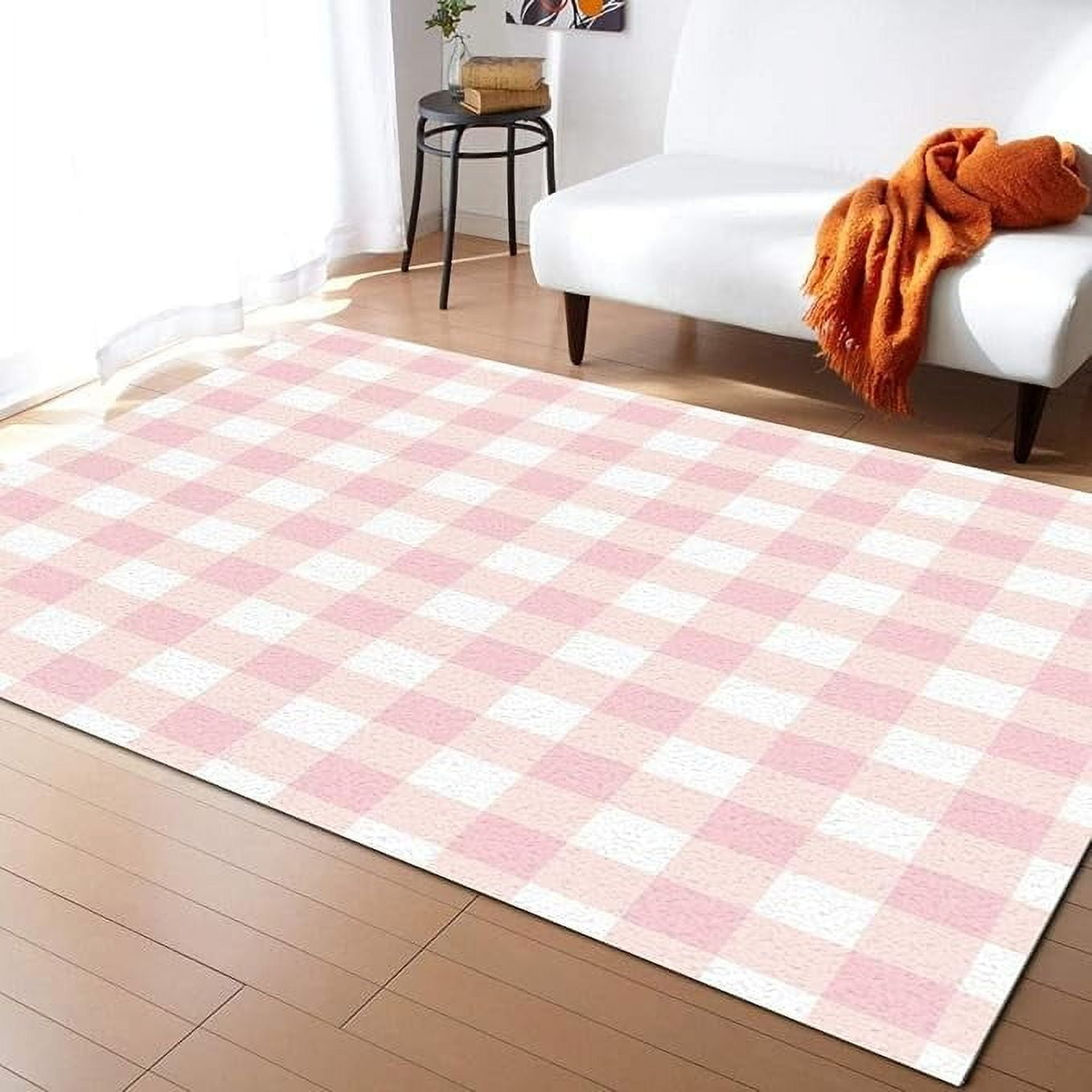 Pink And White Area Rug For Living Room, Plaid Pattern Large Low Pile ...