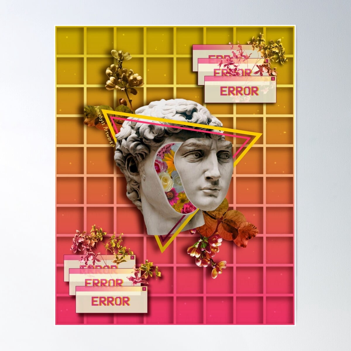 Pink And Yellow Floral Vaporwave Sculpture Poster Wall Art, Modern Wall ...