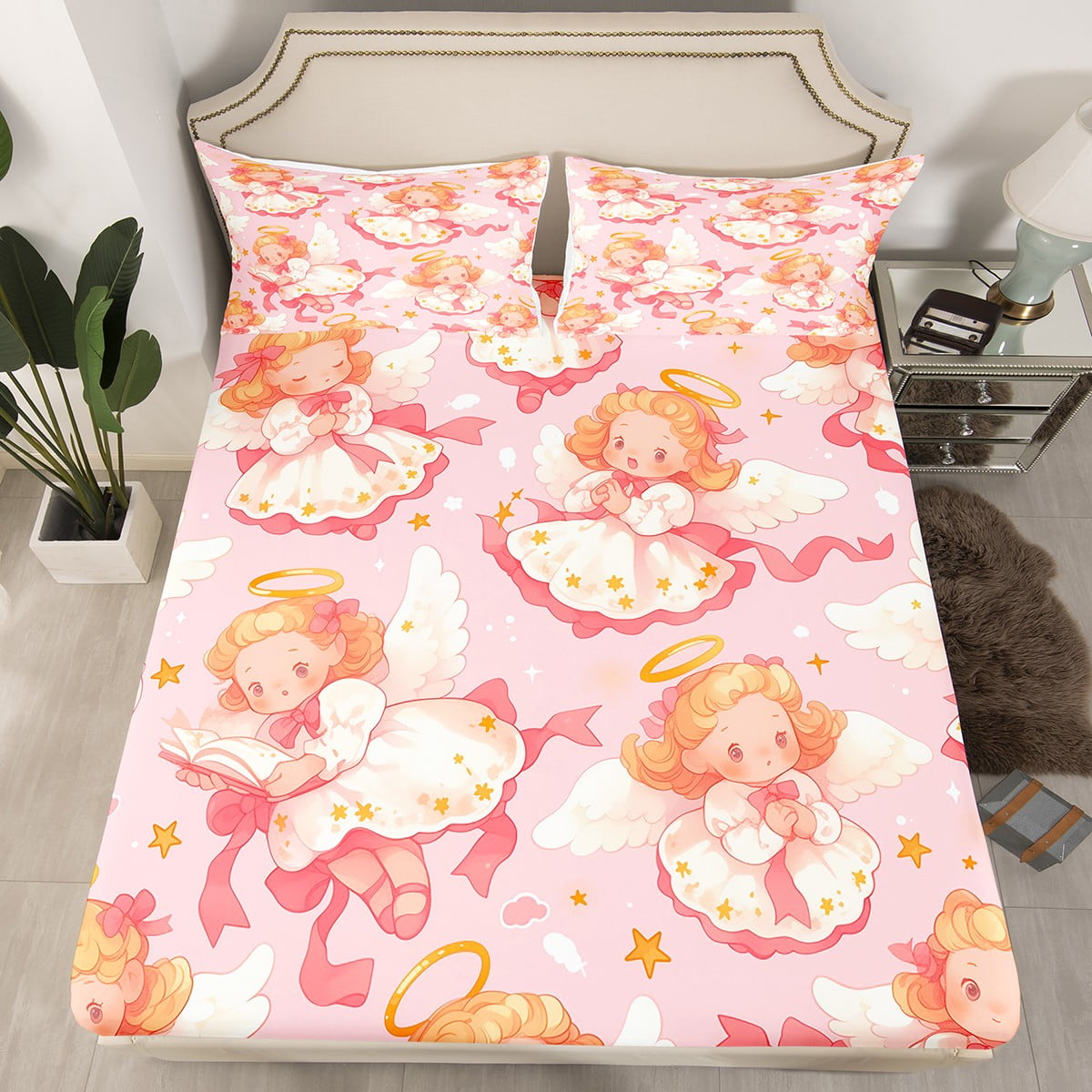 Pink Angel Fitted Sheet Queen Size Angel Halo Wings Bed Sheets Dreamy ...