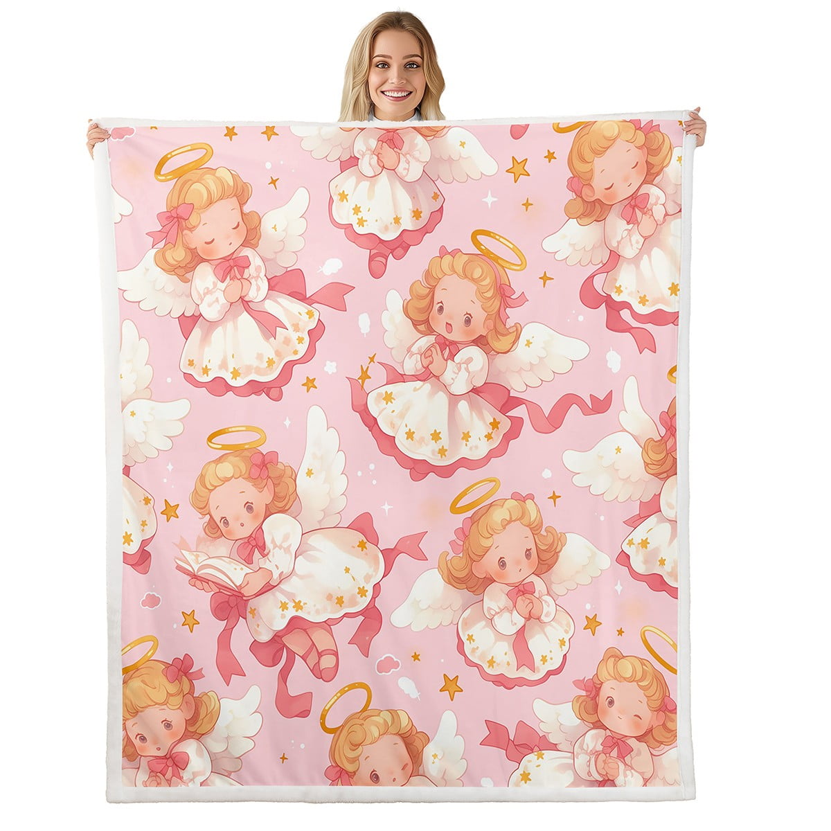 Pink Angel Throw Blanket Angel Halo Wings Blanket Dreamy Cartoon Fleece ...