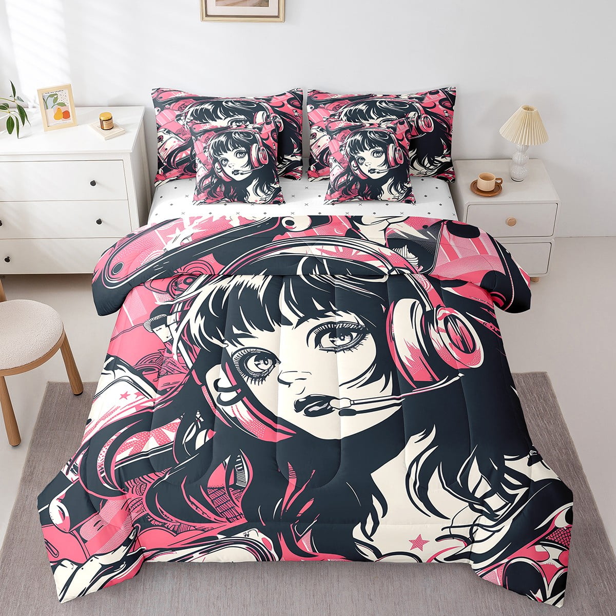 Pink Anime Comforter Set Twin Size Bed In A Bag, 7 Pieces Black And ...
