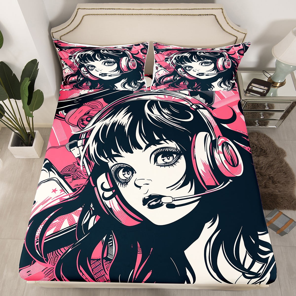 Pink Anime Bedding Set Cartoon Japanes-Style Fitted Sheet Full ...