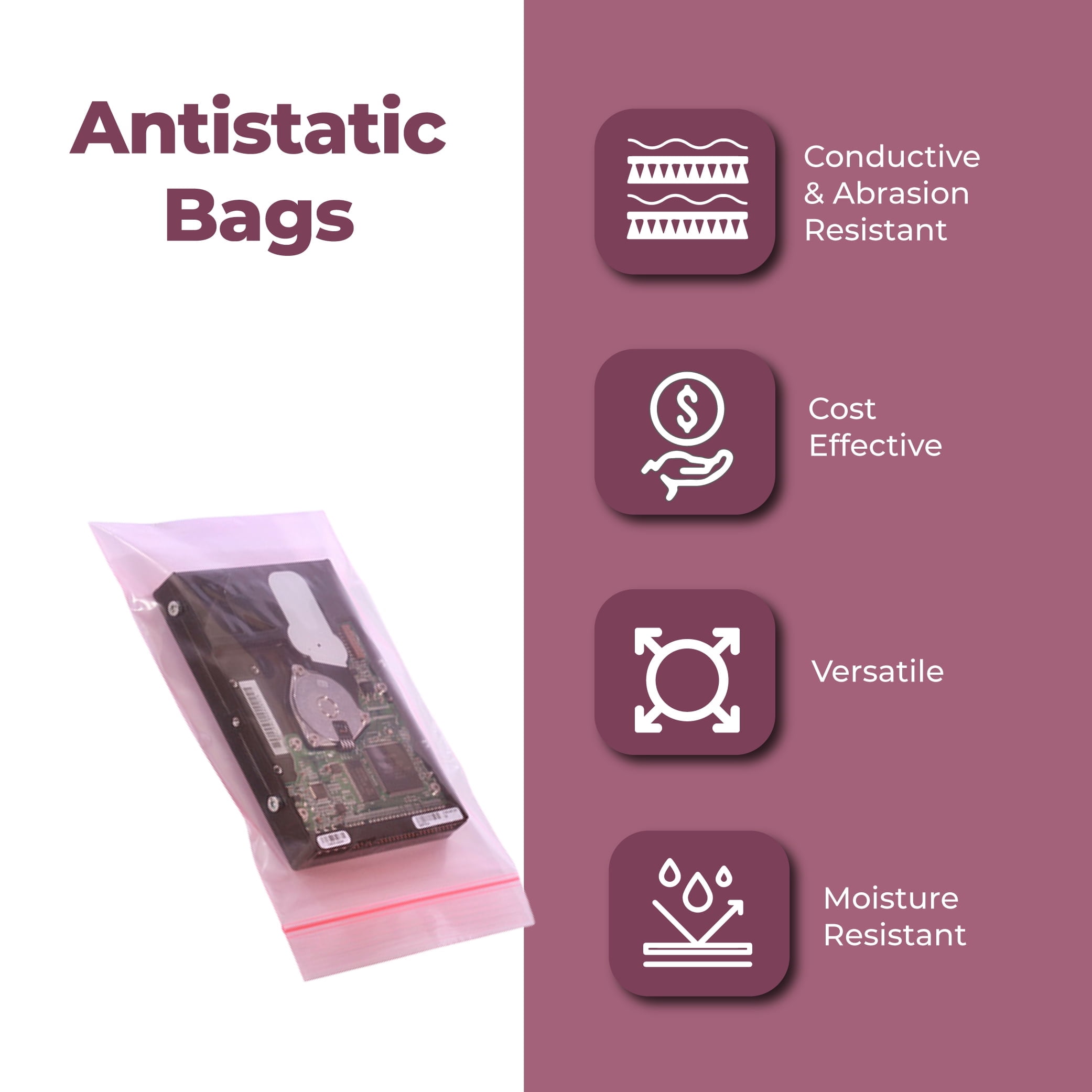 Pink Antistatic Bags 3 x 5" Amine-free 2 Mil, 1000/Case Poly Bags ...