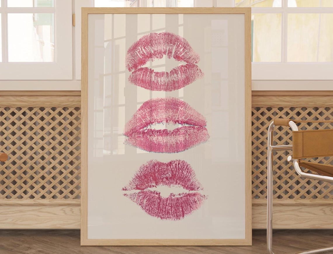 Pink Art Prints Trendy Wall Art Kiss Lips Wall Art Dorm Wall Art Lips ...