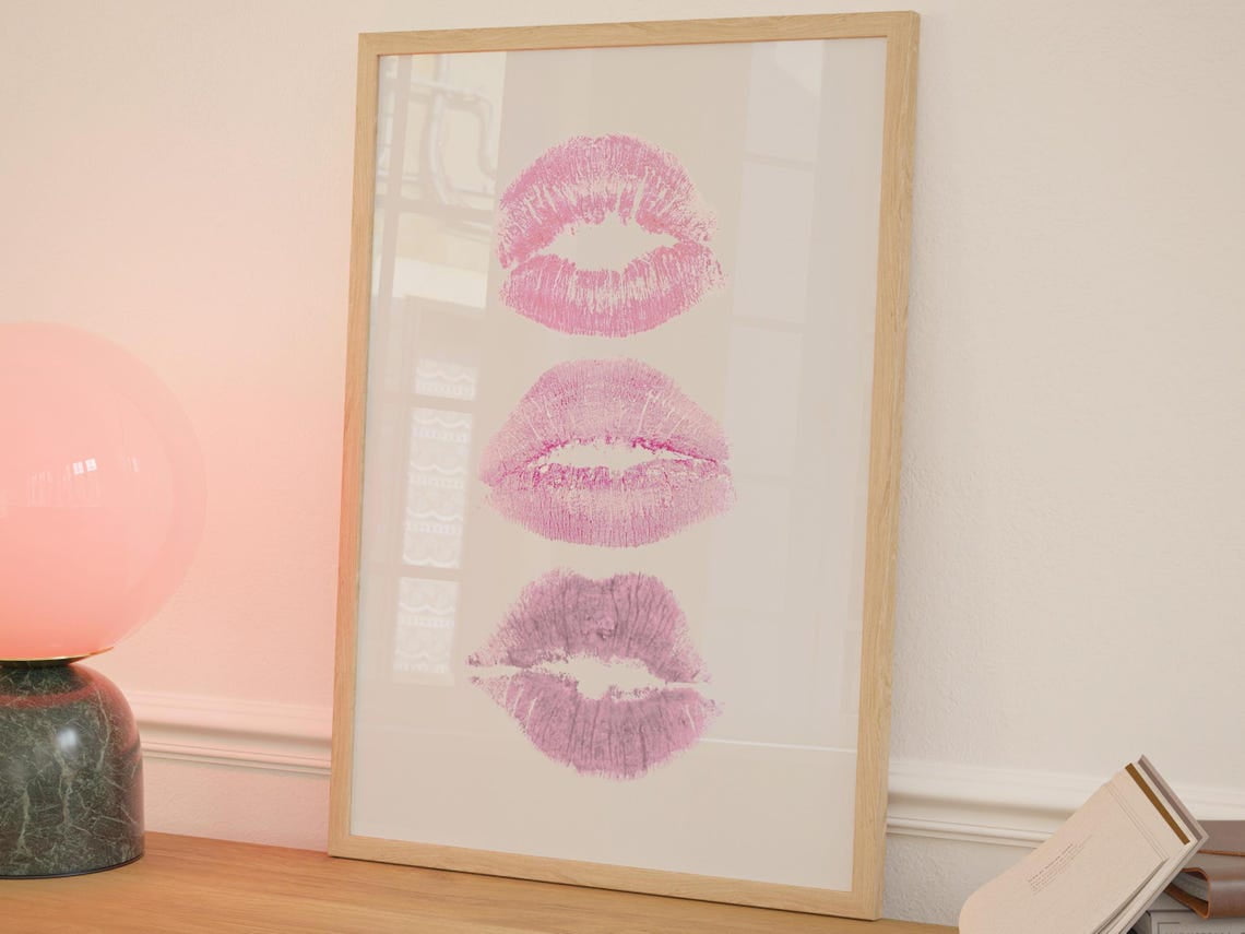 Pink Art Prints Trendy Wall Art Kiss Lips Wall Art Dorm Wall Art Lips ...