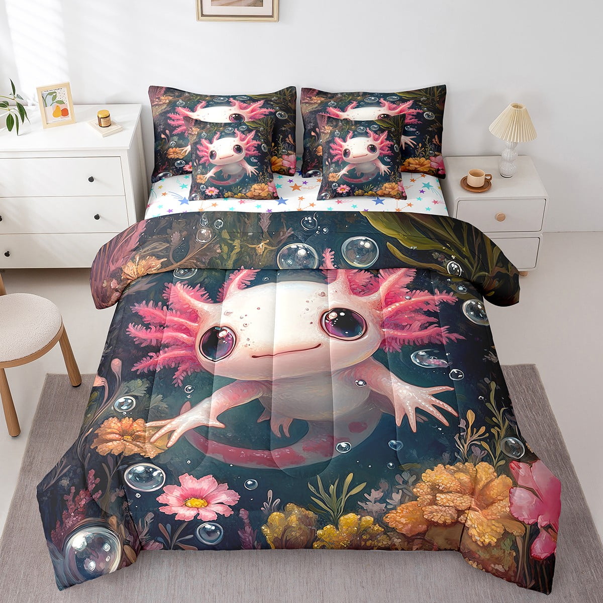 Pink Axolotl 7-Piece Bed In A Bags,Cute Cartoon Axolotl Queen Comforter ...