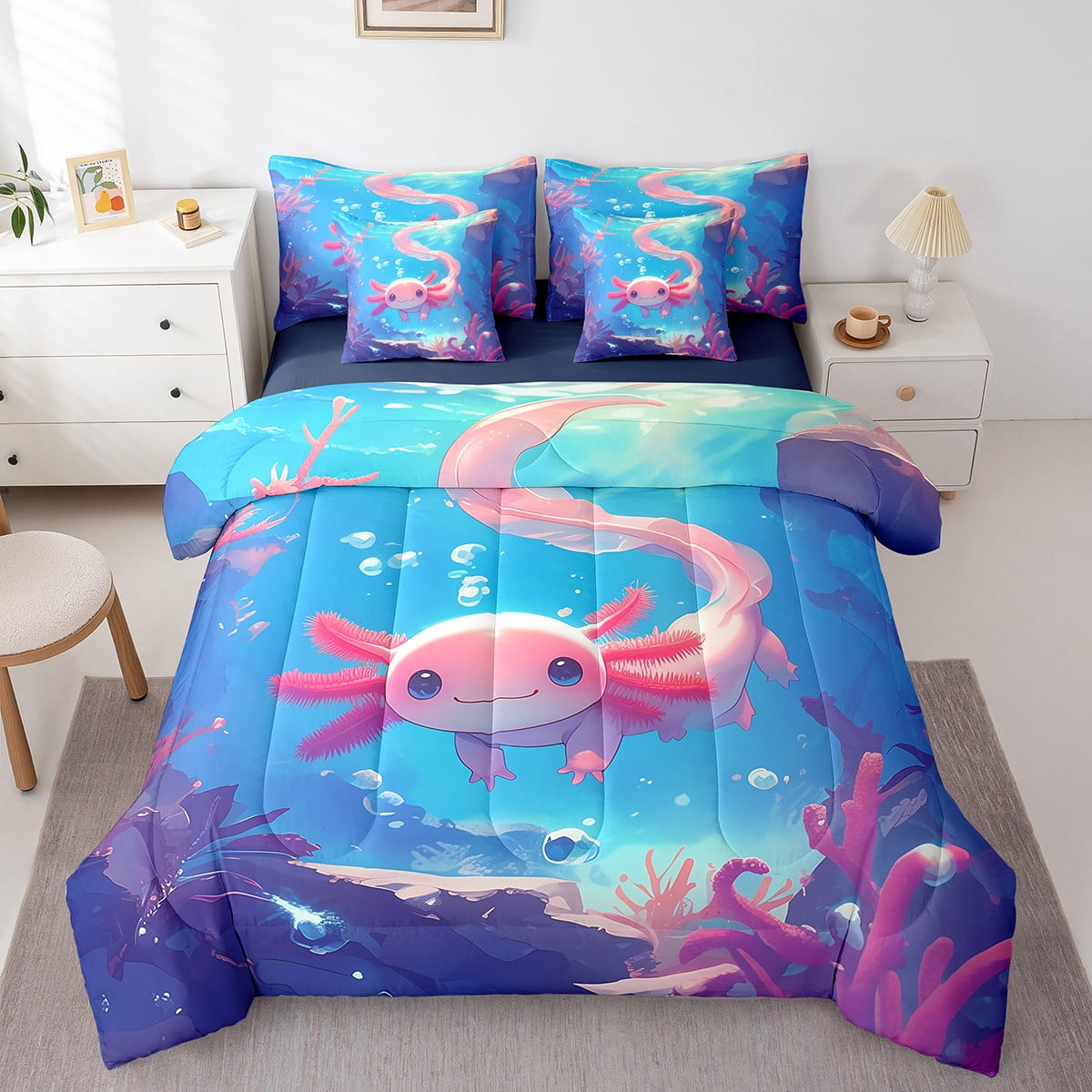 Pink Axolotl Bed In A Bag Ocean Animal Bedding Set,Cute Cartoon ...