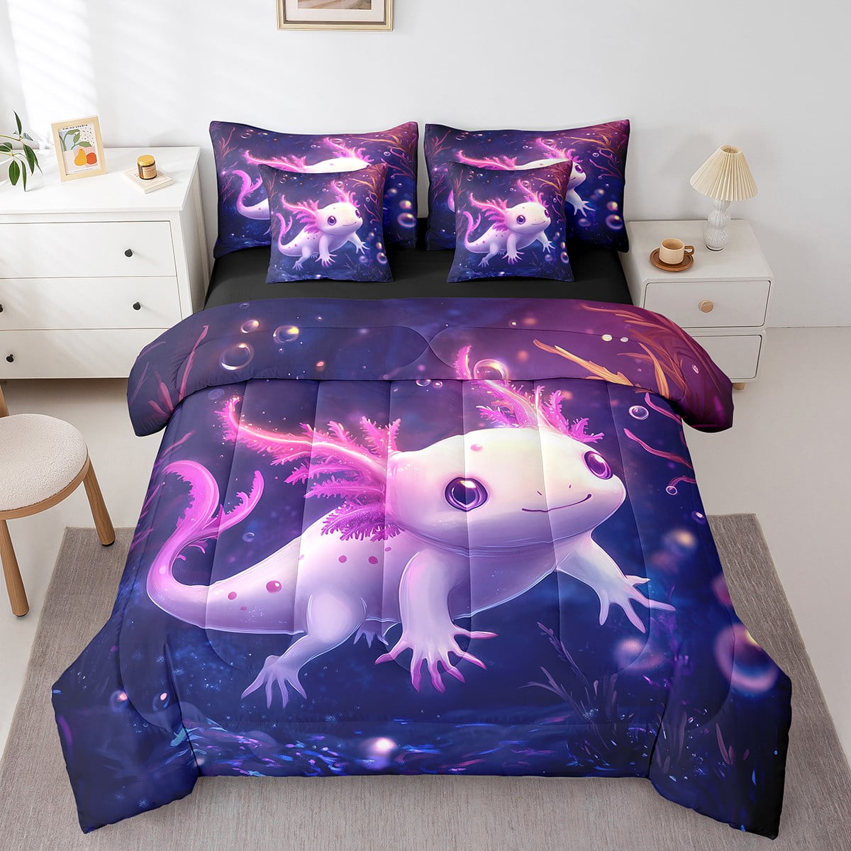 Pink Axolotl Bed In A Bag Cartoon Axolotl 7 Piece Bedding Set Cute ...