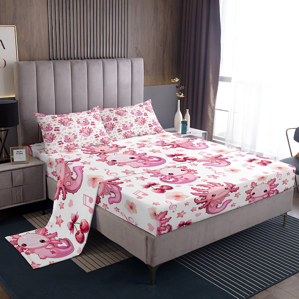 Pink Axolotl Bed Sheets Set Twin Cartoon Axolotl Sheet Set Cute Ocean ...