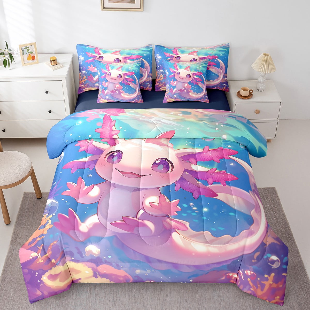 Pink Axolotl Bedding Set Cartoon Axolotl Bed In A Bag 7 Pcs King Size ...