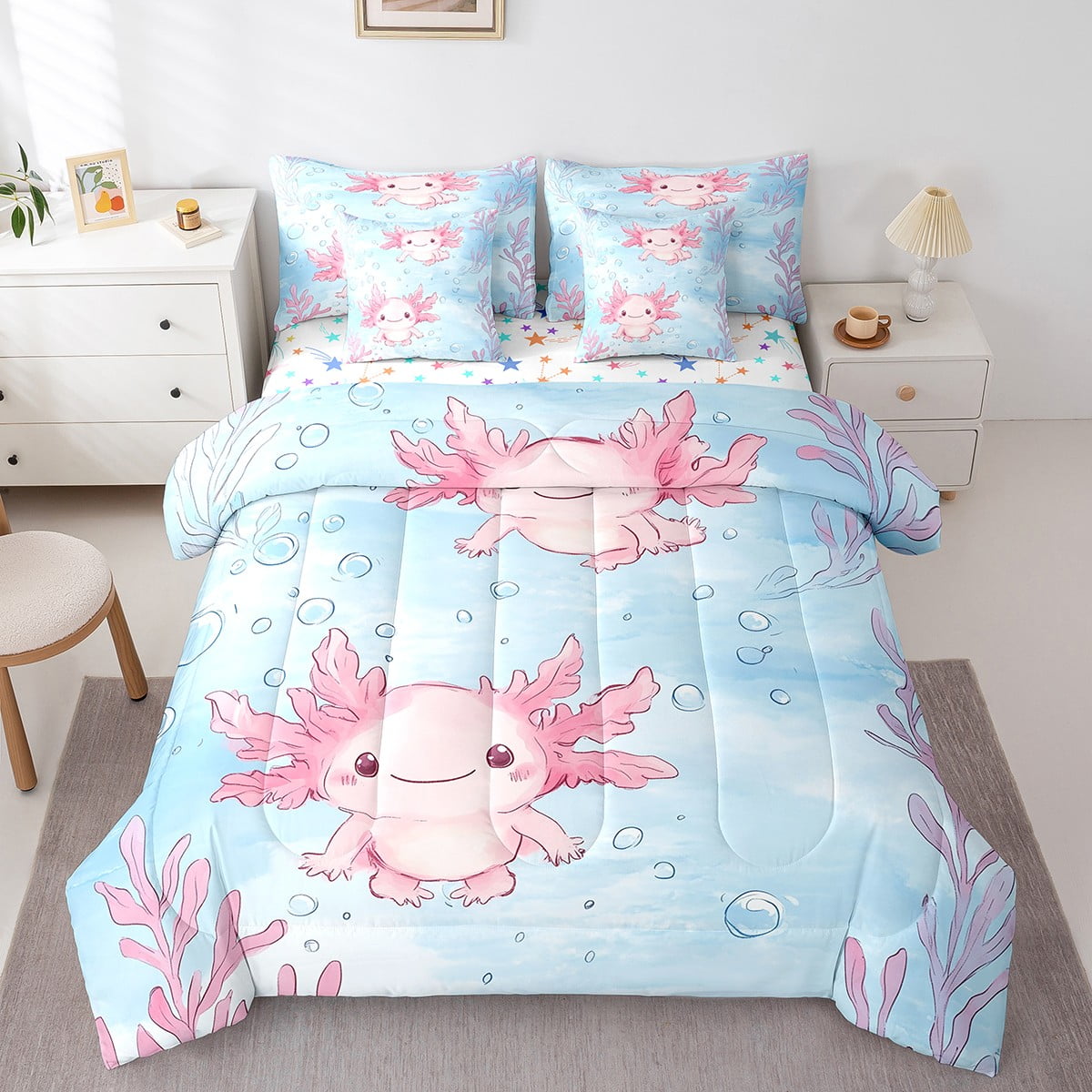 Pink Axolotl Bedding Set,Kawaii Ocean Animal Bed In A Bag With Sheets Cute Coral Bubble Twin ...