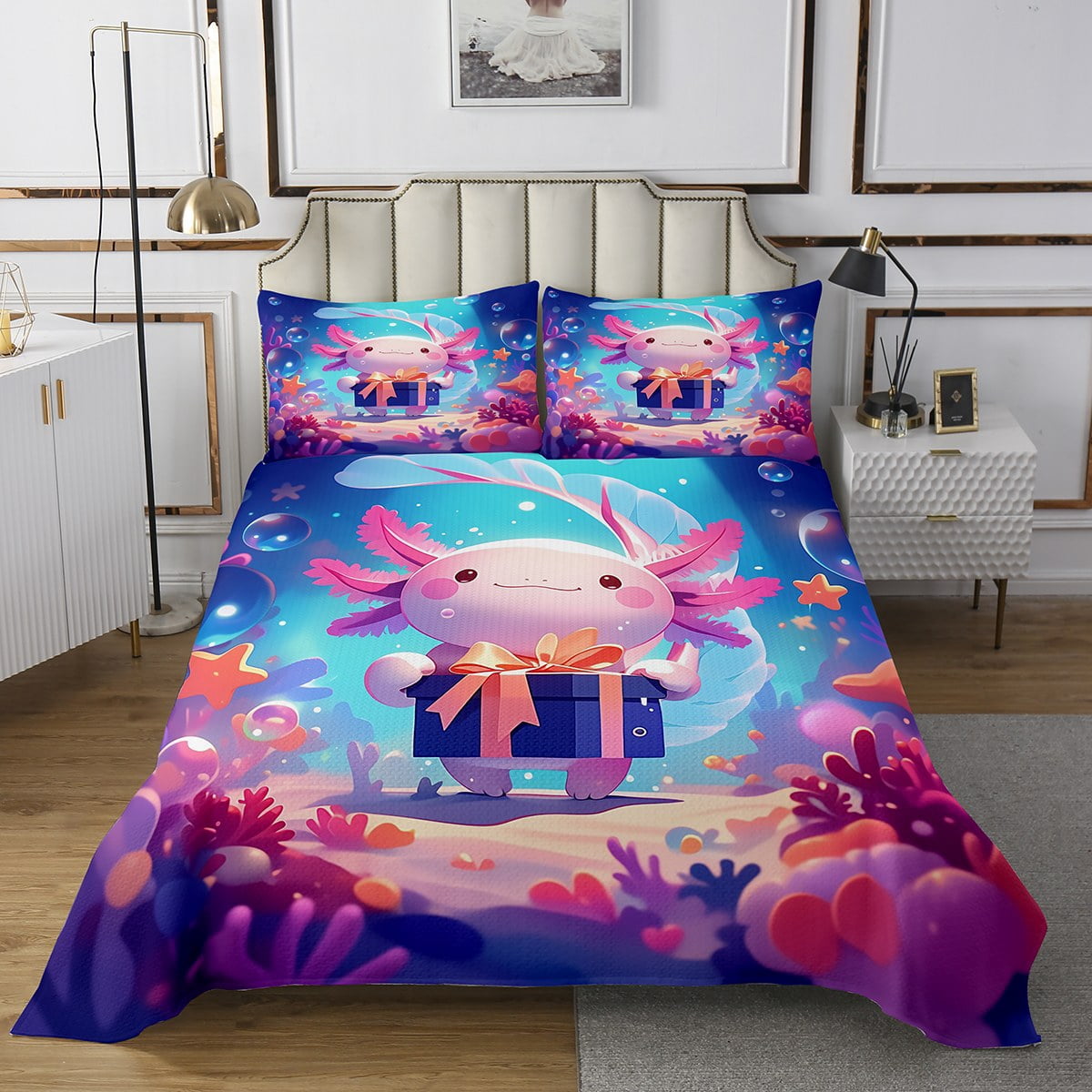 Pink Axolotl Bedding Set King Size,Underwater Ocean Animals Bedspread ...