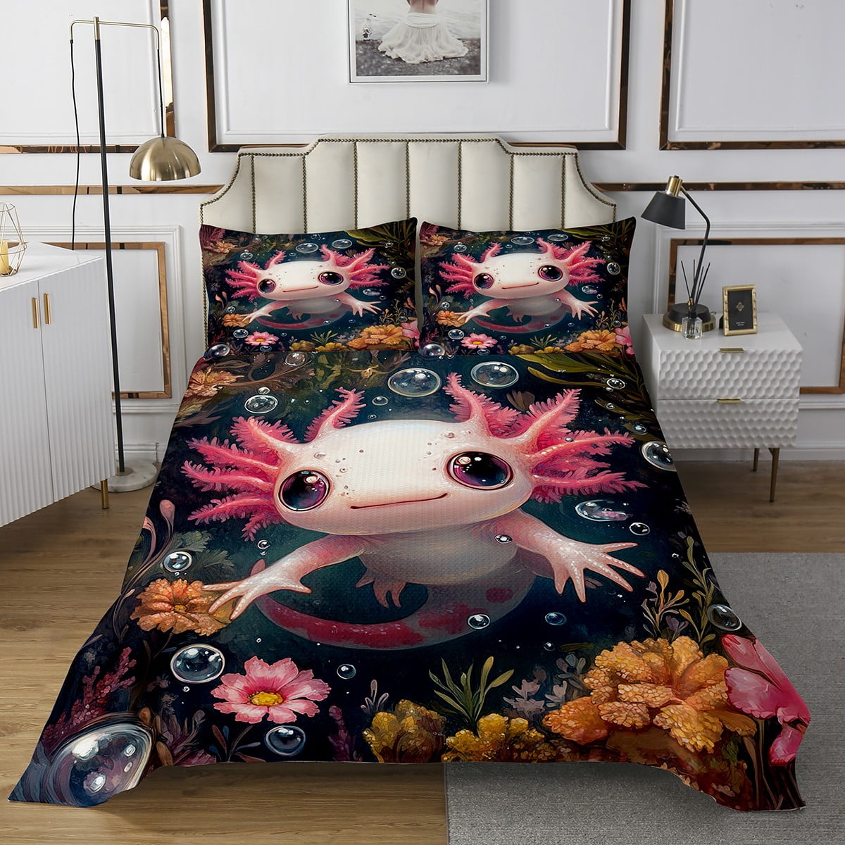 Pink Axolotl Bedspread Sets Queen Size,Cute Cartoon Axolotl Quilt Set ...