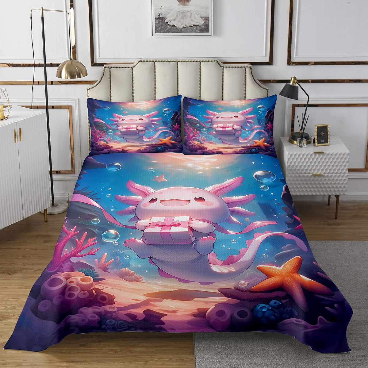 Pink Axolotl Bedspread Twin Size,Underwater Ocean Animals Bedding Set ...