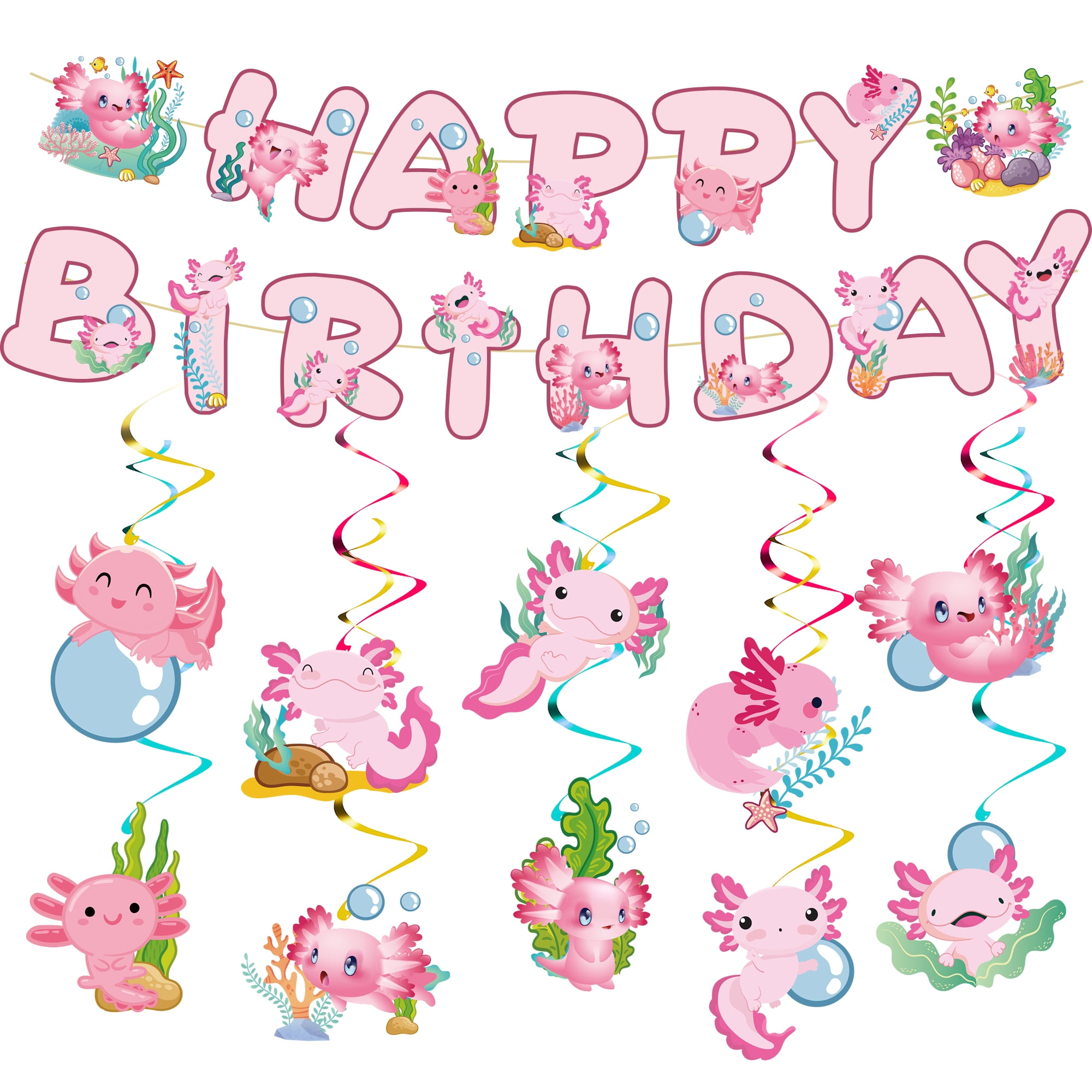 Pink Axolotl Birthday Decorations, 25PCS Axolotl Happy Birthday Party ...