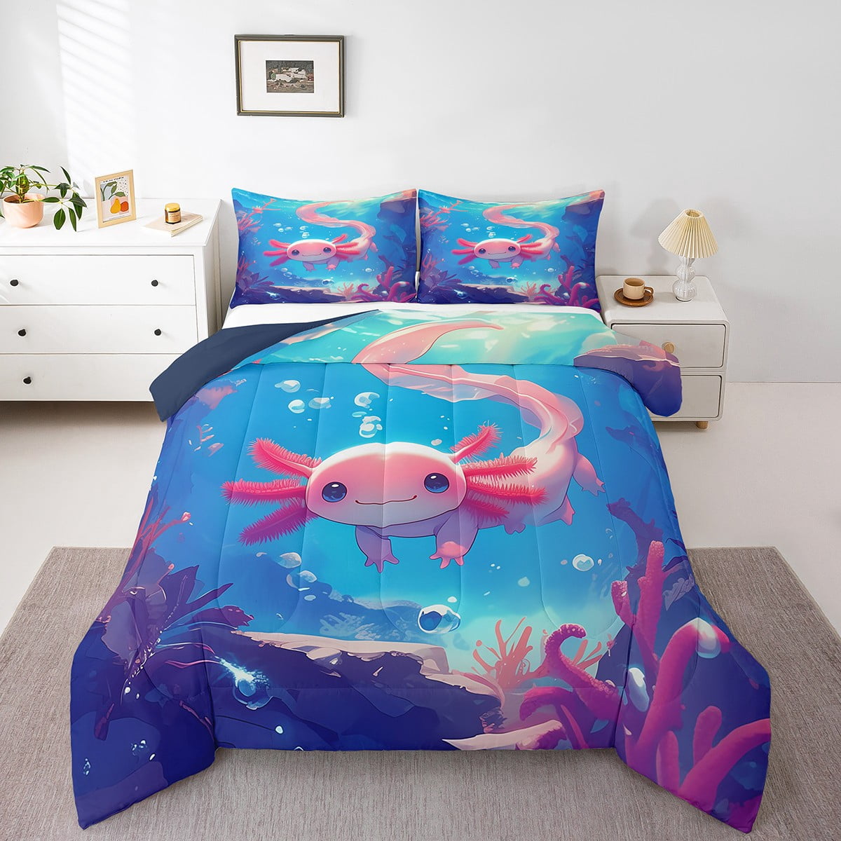 Pink Axolotl Down Comforter Ocean Animal Bedding Set,Cute Cartoon ...