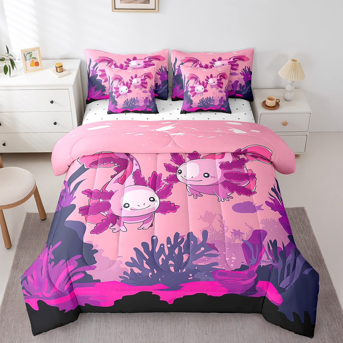 Pink Axolotl Comforter Set 7 Piece Bed in a Bag Twin,Cute Amphibious ...