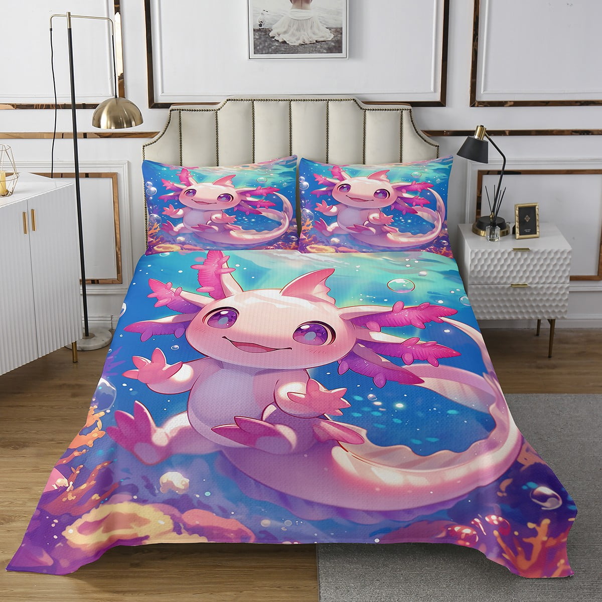 Pink Axolotl Coverlet Set Cartoon Axolotl Bedspread Set Queen Size,Cute ...