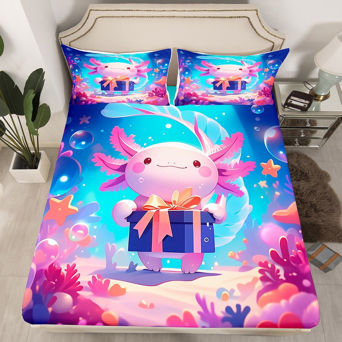 Pink Axolotl Fitted Sheet Full Size,Underwater Ocean Animals Bedding Set 3Pcs Teens Decor ...
