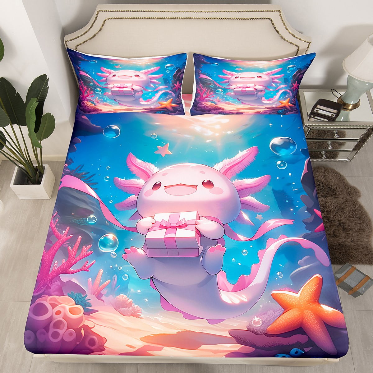Pink Axolotl Fitted Sheet Queen Size,Underwater Ocean Animals Bedding ...