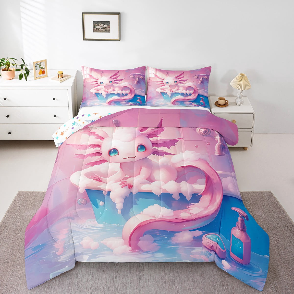 Pink Axolotl Bedding Sets,Kawaii Animals Cute Queen Comforter Set ...